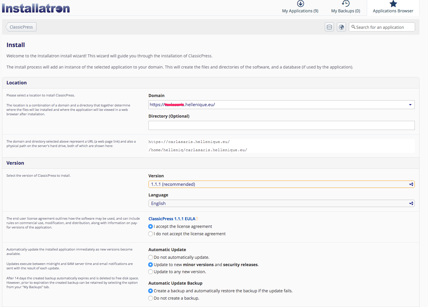 How to install ClassicPress with Installatron | ClassicPress